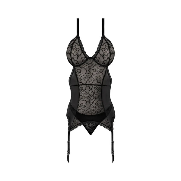 Magic Silk Soft Petals Floral Mesh Basque with Garter Straps & Thong S ...