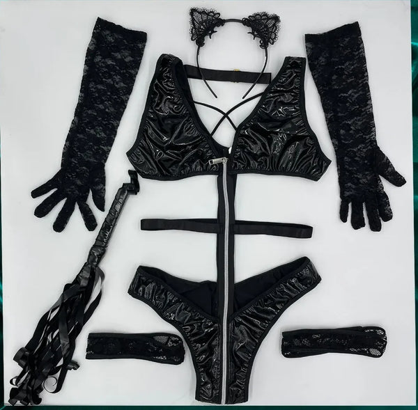 BodyZone Role Play Kinky Kitty Cat 6 pc Wetlook BodySuit & Garters ...