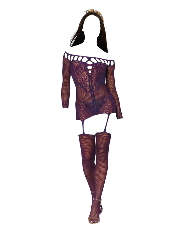 Dreamgirl Fishnet Lace Garter Dress With Attached Stockings Aubergine ...