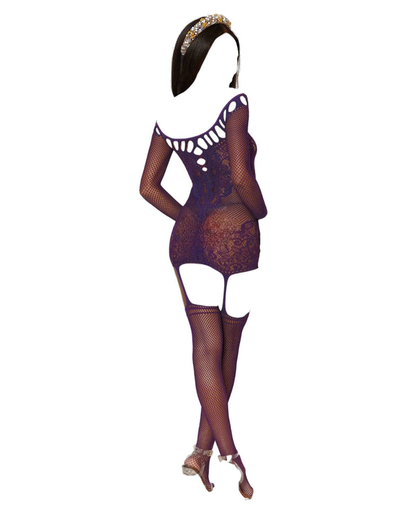 Dreamgirl Fishnet Lace Garter Dress With Attached Stockings Aubergine ...