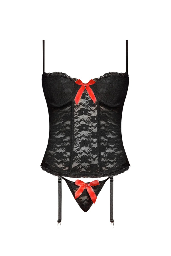 Magic Silk Luv Lace Bustier & G-String Blk - Romantic Blessings